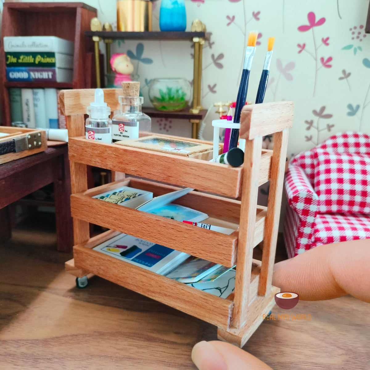 Miniature 3-Tier Beech Serving Oil Painting Cart with Caster Wheels ...