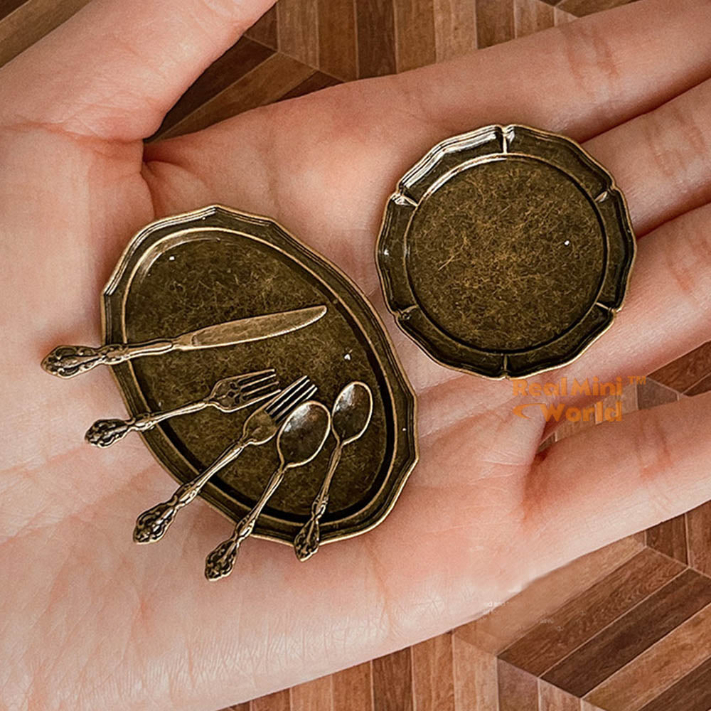 Miniature Bronze Plate & Cutlery Set | Mini Cooking Shop – Real Mini World