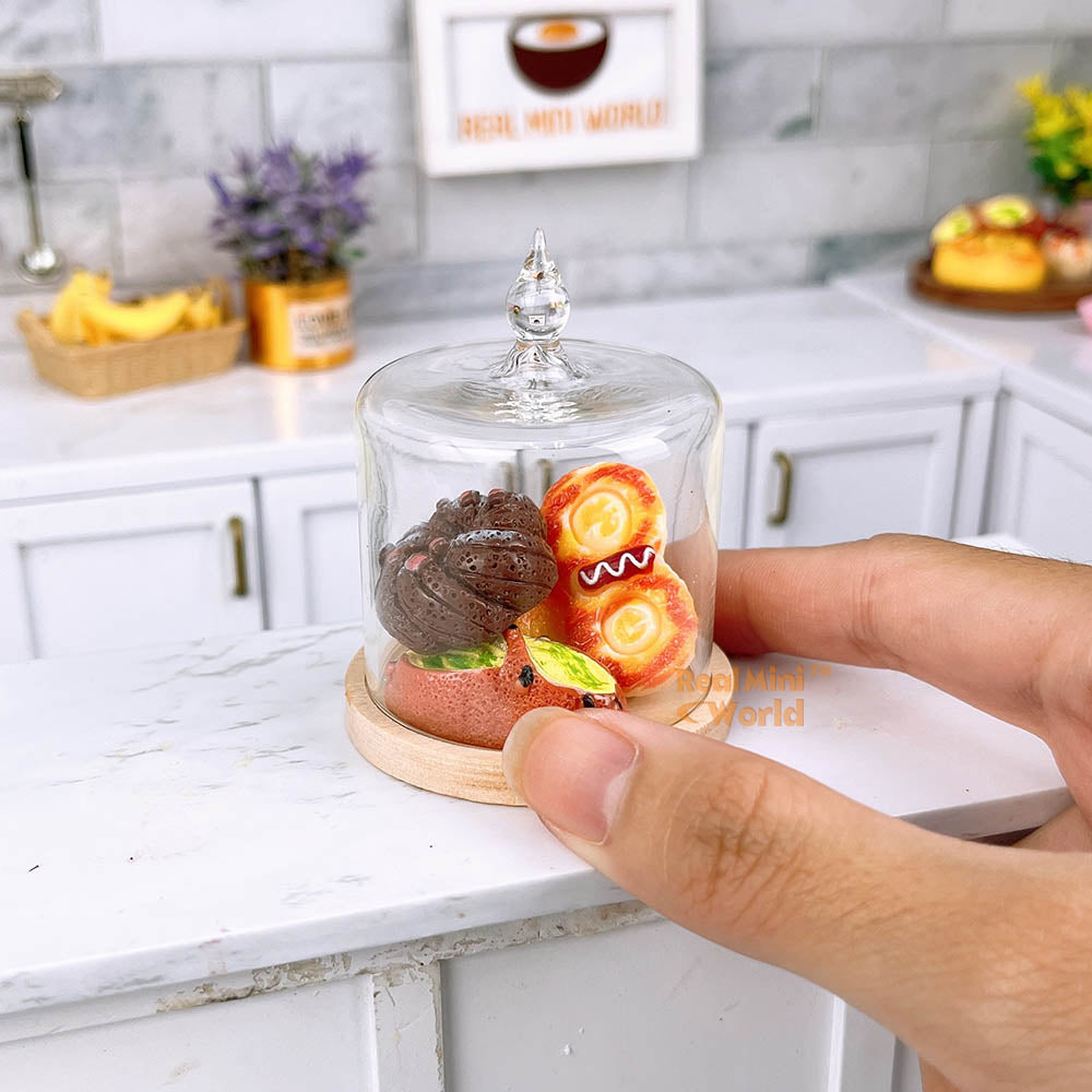 Miniature Cake Dome + Pale Wood Plate | Tiny Cooking Shop – Real Mini World