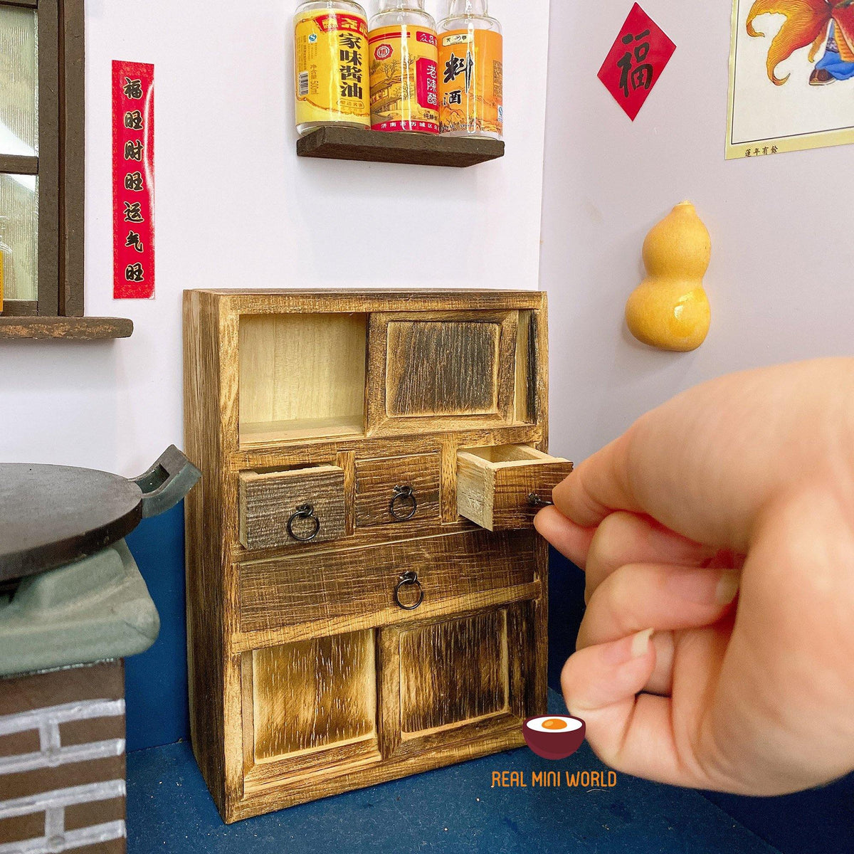 Miniature kitchen wooden vintage cabinet : mini food cooking | Real ...